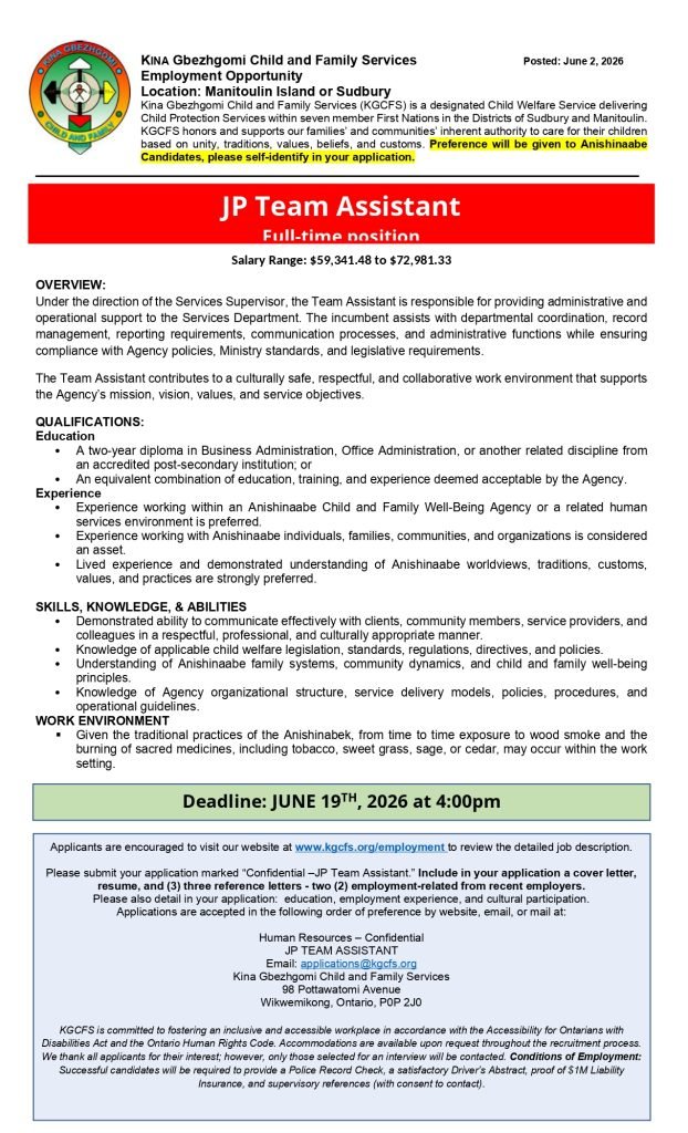 JP Team Assistant – Anishinabek News